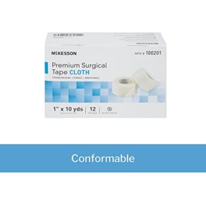 McKesson Premium Surgical Tape, Non-Sterile, High Adhesion Silk-Like Cloth, 1 in x 10 yd, 12 Rolls, 1 Pack