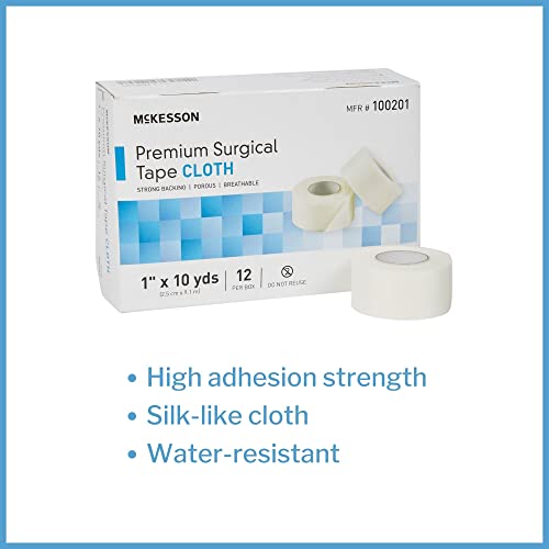 McKesson Premium Surgical Tape, Non-Sterile, High Adhesion Silk-Like Cloth, 1 in x 10 yd, 12 Rolls, 1 Pack