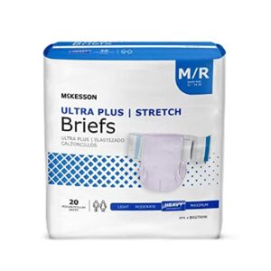 mckesson, adult disposable ultra plus stretch tab closure brief, size: medium, heavy absorbency, color: lavender. packaged: 20per bag, 4 bagsper case, 80 briefs total