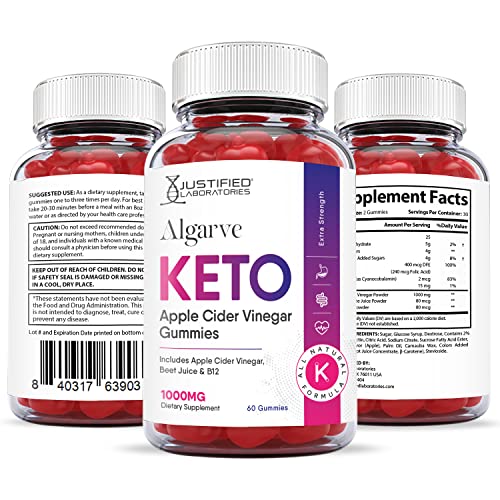 Justified Laboratories (3 Pack) Algarve Keto ACV Gummies 1000MG with Pomegranate Juice Beet Root B12 180 Gummys