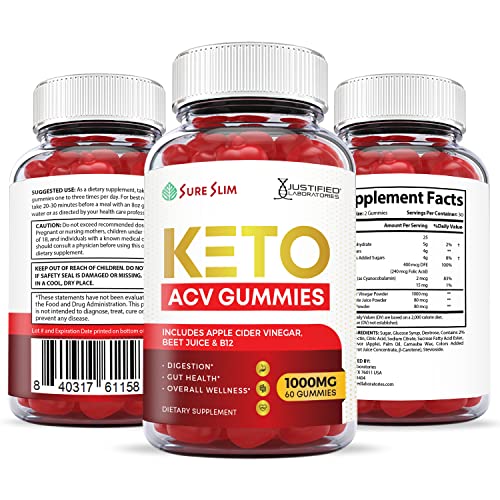 Justified Laboratories Sure Slim Keto ACV Gummies 1000MG with Pomegranate Juice Beet Root B12 60 Gummys