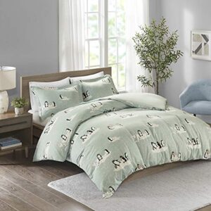 sleep philosophy true north cozy flannel duvet cover 100% cotton flannel novel adorable animal print, all season comforter cover bedding set with sham, king/cal king, aqua penguin 3 piece