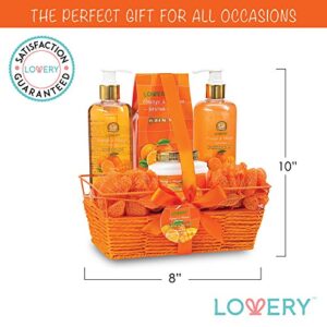 Birthday Gift Basket, Home Spa Gift Basket - Orange & Mango Fragrance - 7pc Bath & Body Set For Women & Men, Contains Shower Gel, Bubble Bath, Body Lotion, Bath Salt, 2 Bath Poufs & Handmade Basket