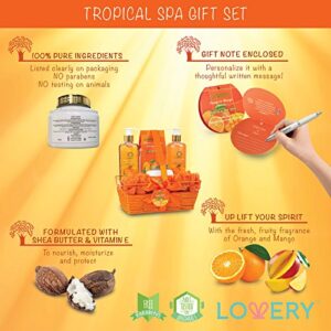 Birthday Gift Basket, Home Spa Gift Basket - Orange & Mango Fragrance - 7pc Bath & Body Set For Women & Men, Contains Shower Gel, Bubble Bath, Body Lotion, Bath Salt, 2 Bath Poufs & Handmade Basket