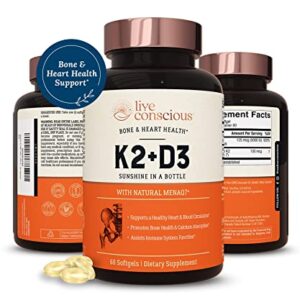 Live Conscious Vitamin K2 MK7 with D3 Supplement by LiveWell | Bone & Heart Health Support - Patented Vitamin K & Vitamin D3 5000 IU - 60 Softgels