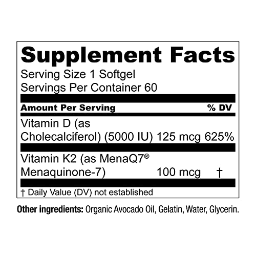 Live Conscious Vitamin K2 MK7 with D3 Supplement by LiveWell | Bone & Heart Health Support - Patented Vitamin K & Vitamin D3 5000 IU - 60 Softgels