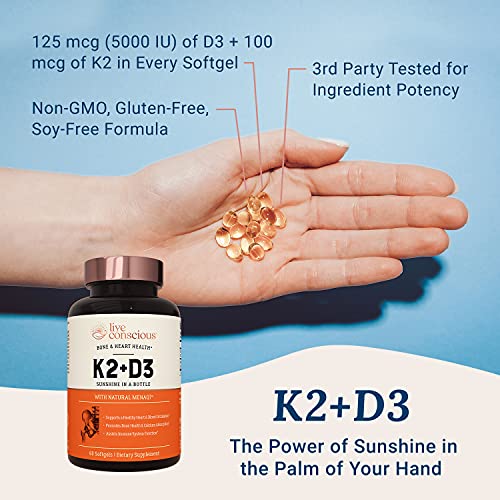 Live Conscious Vitamin K2 MK7 with D3 Supplement by LiveWell | Bone & Heart Health Support - Patented Vitamin K & Vitamin D3 5000 IU - 60 Softgels