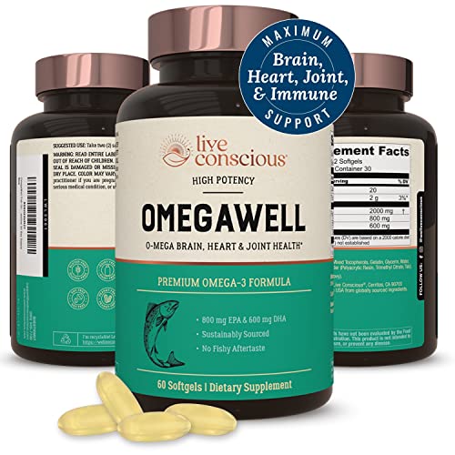 OmegaWell Omega 3 Fish Oil - 2000mg Capsules: Heart, Brain, & Joint Support - 800 mg EPA 600 mg DHA - w/ Natural Lemon Oil, Sustainably Sourced - Omega 3 Fish Oil Mini Softgels - 30 Day Supply