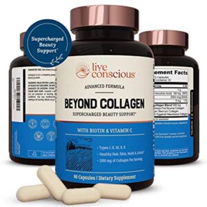 Live Conscious Beyond Collagen Multi Collagen Capsules - Types I, II, III, V & X | Hydrolyzed Blend with Biotin & Vitamin C for Hair, Skin, Nails 90 Capsules