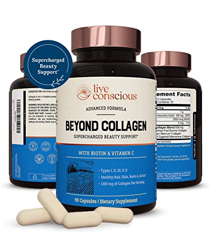 Live Conscious Beyond Collagen Multi Collagen Capsules - Types I, II, III, V & X | Hydrolyzed Blend with Biotin & Vitamin C for Hair, Skin, Nails 90 Capsules