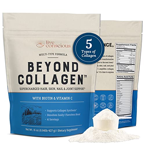 Beyond Collagen Multi Collagen Powder for Women w/ Types I, II, III, V & X - Keto Friendly, Hydrolyzed Collagen Peptides Powder Blend w/ Biotin & Vitamin C - Live Conscious - 41 Servings