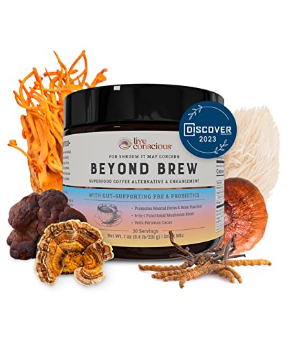 Beyond Brew Mushroom Superfood Coffee | Mushroom Coffee Alternative Low Caffeine | Healthy Coffee Substitute | W/Prebiotics & Probiotics | By Live Conscious | 30 Servings Net Wt. 7 oz (0.4 lb/201g)