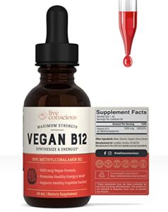 vegan vitamin b12 sublingual liquid drops by live conscious- methylcobalamin max strength b12 5000mcg formula – vegan b 12 vitamin support energy & mood, promote memory, aid immune system – 60 serving