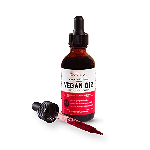 Vegan Vitamin B12 Sublingual Liquid Drops by Live Conscious- Methylcobalamin Max Strength B12 5000mcg Formula - Vegan B 12 Vitamin Support Energy & Mood, Promote Memory, Aid Immune System - 60 Serving