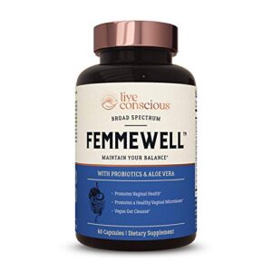 live conscious femmewell women’s probiotics for vaginal health | oregano oil & caprylic acid with lactobacillus & digestive enzymes 60 capsules