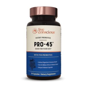 live conscious pro45 probiotics for women & men: comprehensive formula, 45 billion cfu, 11 strains, dairy free – w/ prebiotics and probiotics – promotes immune & gut health – 30 veggie caps