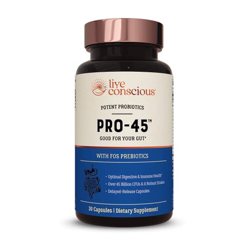 Live Conscious PRO45 Probiotics for Women & Men: Comprehensive Formula, 45 Billion CFU, 11 Strains, Dairy Free - w/ Prebiotics and Probiotics - Promotes Immune & Gut Health - 30 Veggie Caps