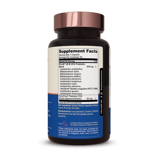 Live Conscious PRO45 Probiotics for Women & Men: Comprehensive Formula, 45 Billion CFU, 11 Strains, Dairy Free - w/ Prebiotics and Probiotics - Promotes Immune & Gut Health - 30 Veggie Caps