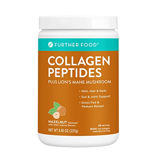 Further Food Collagen Peptide Powder Hazelnut Blend with Lion’s Mane Mushroom, Grass-Fed Hydrolyzed Type 1 & 3 Protein, Gut Health + Joint, Hair, Skin, Nails, Paleo Keto Sugar-Free (28 Servings)