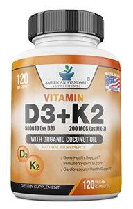 vitamin d3 k2 (mk-7), vitamin d3 (5000iu) + k2 (mk-7) 200mcg w/ organic coconut oil, vitamin d3 + k2, vitamin d3 + k2, vitamin k2 d3, immune & bone health, no fillers, made in usa, 120 veggie capsule