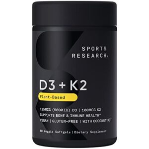 sports research vitamin d3 + k2 with 5000iu of plant-based d3 & 100mcg of vitamin k2 as mk-7 | non-gmo verified & vegan certified (60ct)