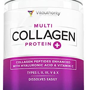 Multi Collagen Peptides Powder for Women and Men - Instant Dissolving Grass Fed Hydrolyzed Collagen Powder Drink Mix for Beautiful Hair Skin and Nails with Hyaluronic Acid and Vitamin C - Unflavored