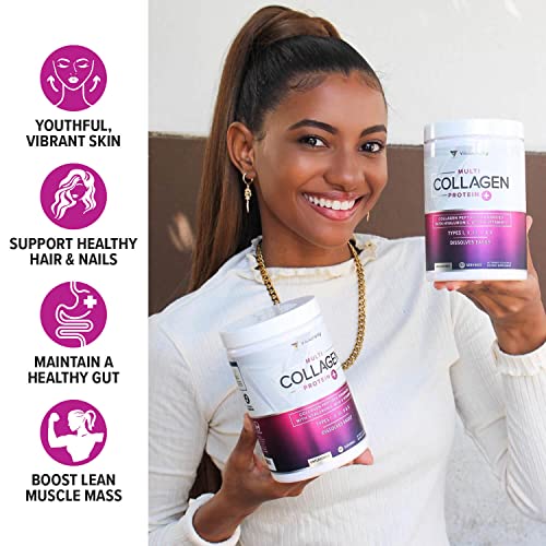 Multi Collagen Peptides Powder for Women and Men - Instant Dissolving Grass Fed Hydrolyzed Collagen Powder Drink Mix for Beautiful Hair Skin and Nails with Hyaluronic Acid and Vitamin C - Unflavored