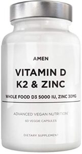 amen vitamin d, k2 & zinc, cholecalciferol d3 5000 iu, organic whole food blend with apple, blueberry, cranberry, elderberry powder fruits, vegan supplement, d3 k2 vitamins, non-gmo – 60 capsules