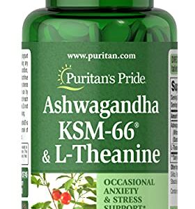 Puritans Pride Ashwangandha KSM66 & L-Theanine, Helps Relieve occassional Stress and Anxiety, 60 Count, White