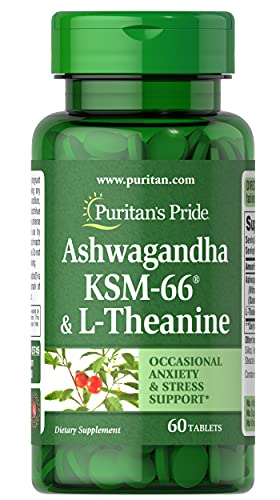 Puritans Pride Ashwangandha KSM66 & L-Theanine, Helps Relieve occassional Stress and Anxiety, 60 Count, White