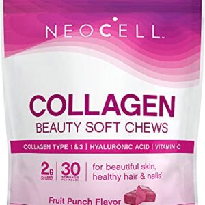 NeoCell Collagen Peptides Vitamin C & Hyaluronic Acid, Gluten Free, Supports Hair, Skin, & Nail Health, Collagen Type 1 and 3, Beauty Bursts, Fruit Punch, 60 Soft Chews