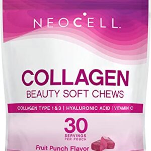 NeoCell Collagen Peptides Vitamin C & Hyaluronic Acid, Gluten Free, Supports Hair, Skin, & Nail Health, Collagen Type 1 and 3, Beauty Bursts, Fruit Punch, 60 Soft Chews