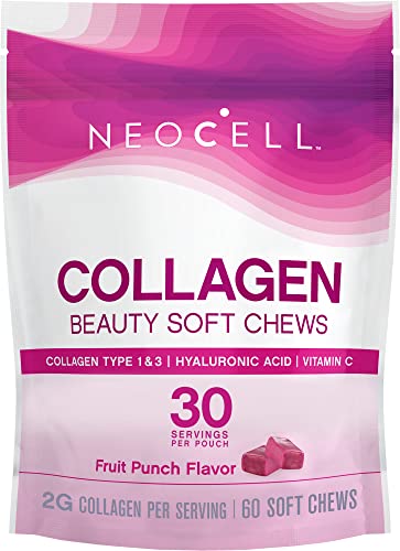 NeoCell Collagen Peptides Vitamin C & Hyaluronic Acid, Gluten Free, Supports Hair, Skin, & Nail Health, Collagen Type 1 and 3, Beauty Bursts, Fruit Punch, 60 Soft Chews