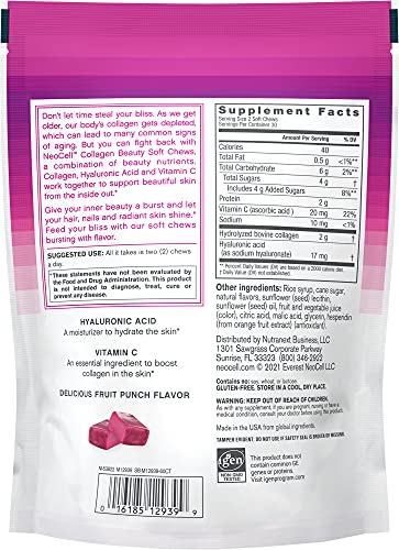 NeoCell Collagen Peptides Vitamin C & Hyaluronic Acid, Gluten Free, Supports Hair, Skin, & Nail Health, Collagen Type 1 and 3, Beauty Bursts, Fruit Punch, 60 Soft Chews