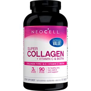 neocell super collagen peptides + vitamin c & biotin, 3g collagen per serving, gluten free, promotes healthy hair, beautiful skin, and nail support, dietary supplement, 270 tablets