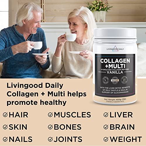 Livingood Daily Vanilla Collagen Powder, 30 Servings - Collagen Protein Powder (Collagen Type 1 and 3) Plus Multivitamin, Milk Thistle & Glucosamine - Hydrolyzed Collagen Peptides - 15.87oz