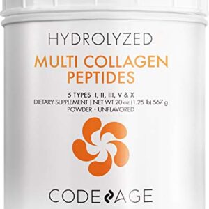 Codeage Multi Collagen Protein Powder Peptides, 2-Month Supply, Hydrolyzed, Type I, II, III, V, X Grass Fed All in One Super Bone Broth Collagen Supplement, Non-GMO, 20 Ounces