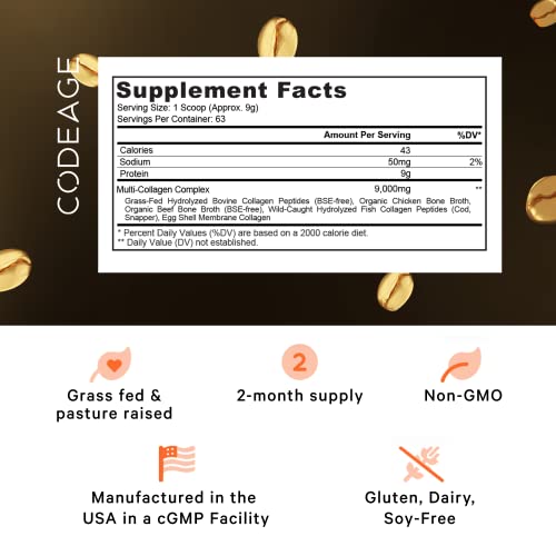 Codeage Multi Collagen Protein Powder Peptides, 2-Month Supply, Hydrolyzed, Type I, II, III, V, X Grass Fed All in One Super Bone Broth Collagen Supplement, Non-GMO, 20 Ounces