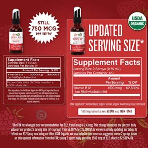 Vitamin B12 Spray | USDA Organic Vitamin B12 Liquid Spray | B12 Vitamin Supplement Liquid for Nerve Function | Liquid Vitamin B12 for Energy Support | Vegan | Non-GMO | Gluten Free | 1 Fl Oz