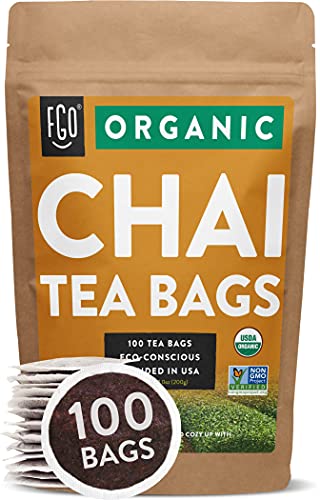 Organic Chai Tea Bags | 100 Tea Bags | Blend of Chinese Keemun Tea, Indian Assam Tea, Cinnamon, Cardamom, Cloves, Ginger, Black Pepper | Eco-Conscious Tea Bags in Kraft Bag | Blended in USA | by FGO