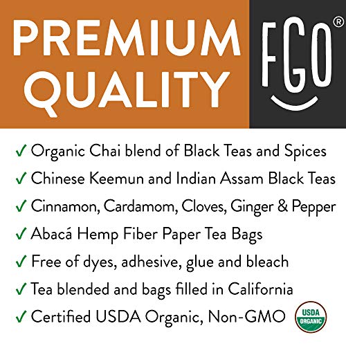 Organic Chai Tea Bags | 100 Tea Bags | Blend of Chinese Keemun Tea, Indian Assam Tea, Cinnamon, Cardamom, Cloves, Ginger, Black Pepper | Eco-Conscious Tea Bags in Kraft Bag | Blended in USA | by FGO