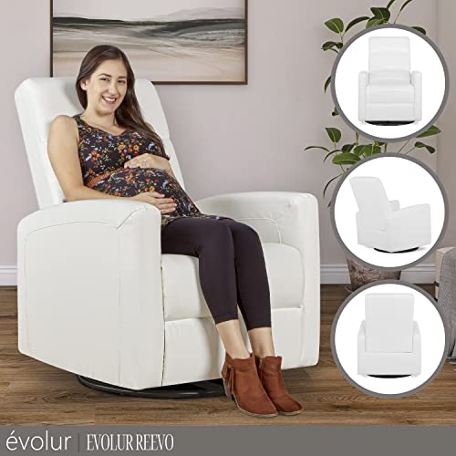 Evolur Reevo Upholstered Faux Leather Seating Glider Swivel, Rocker, Glider Chair for Nursery in White, Modern Nursery Glider, Tool-Free Assembly, Easy to Clean, Environmentally Conscious Rocker