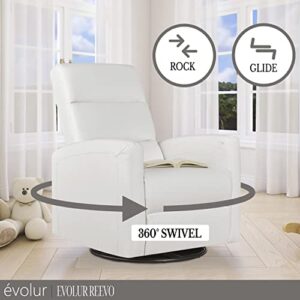 Evolur Reevo Upholstered Faux Leather Seating Glider Swivel, Rocker, Glider Chair for Nursery in White, Modern Nursery Glider, Tool-Free Assembly, Easy to Clean, Environmentally Conscious Rocker