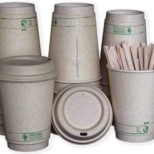 12oz Certified Compostable Coffee Cups by Living Balance | 75 cups with Bagasse Lids, Stirrers, and Integrated Sleeves