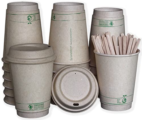 12oz Certified Compostable Coffee Cups by Living Balance | 75 cups with Bagasse Lids, Stirrers, and Integrated Sleeves