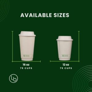 12oz Certified Compostable Coffee Cups by Living Balance | 75 cups with Bagasse Lids, Stirrers, and Integrated Sleeves