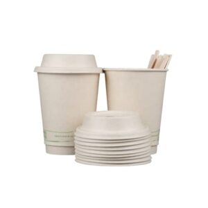 12oz Certified Compostable Coffee Cups by Living Balance | 75 cups with Bagasse Lids, Stirrers, and Integrated Sleeves