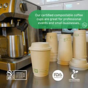 12oz Certified Compostable Coffee Cups by Living Balance | 75 cups with Bagasse Lids, Stirrers, and Integrated Sleeves