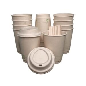 12oz Certified Compostable Coffee Cups by Living Balance | 75 cups with Bagasse Lids, Stirrers, and Integrated Sleeves