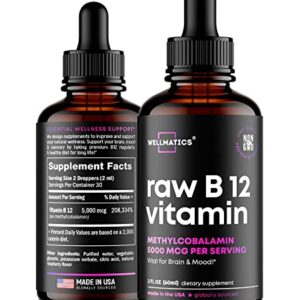 Wellmatics Vitamin B12 Sublingual - Premium B12 Vitamin 5000 mcg - Made in The USA - Methylcobalamin B12 Liquid Supplement - Natural Energy, Mood & Metabolism Increase - Vegan B12 Drops - 2 fl oz